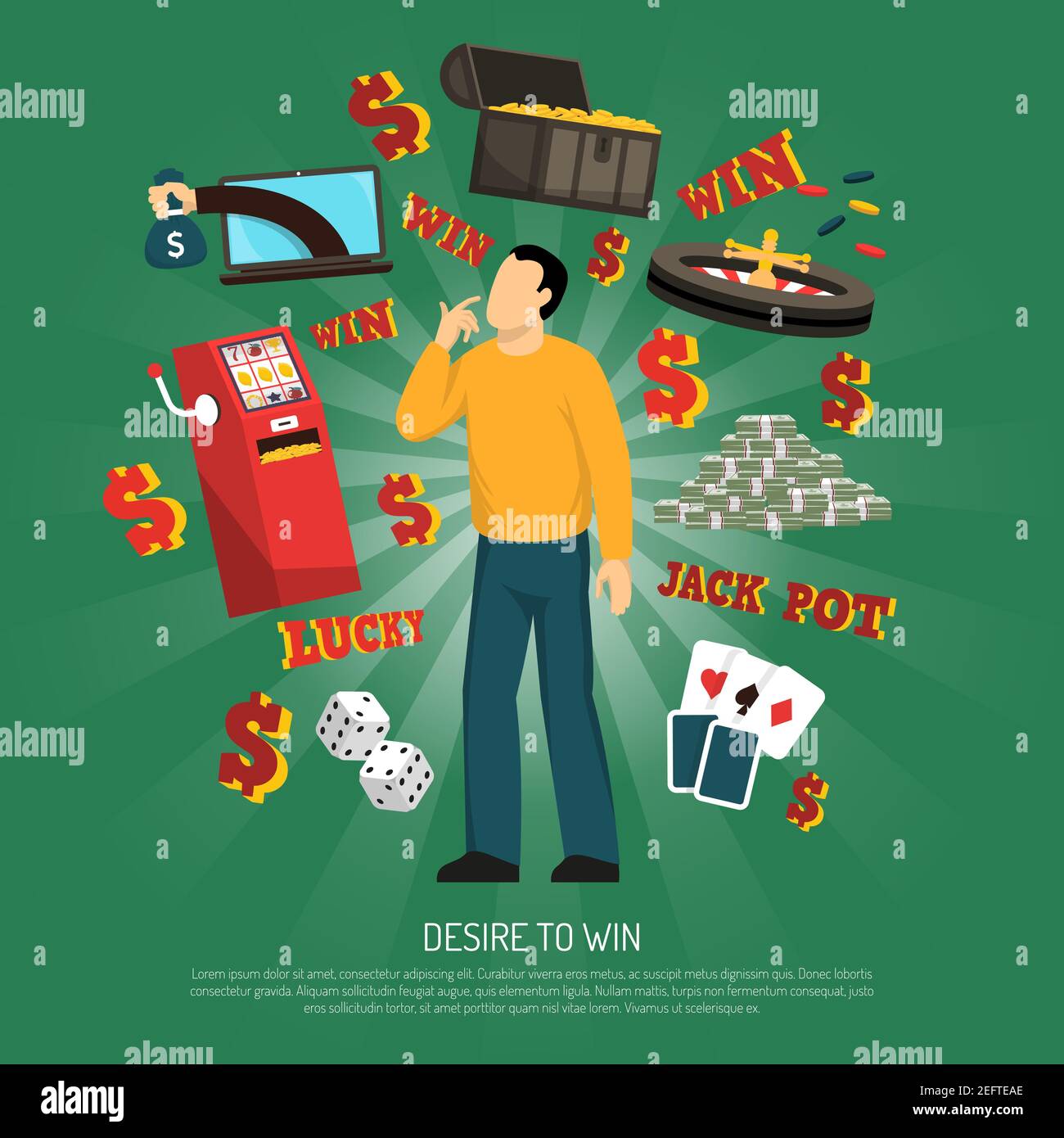 Desire to win concept with gambling and casino symbols flat vector ...