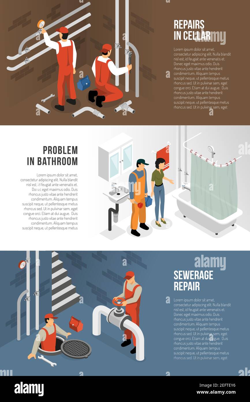 Plumber isometric horizontal banners set with sewerage repair bathroom ...