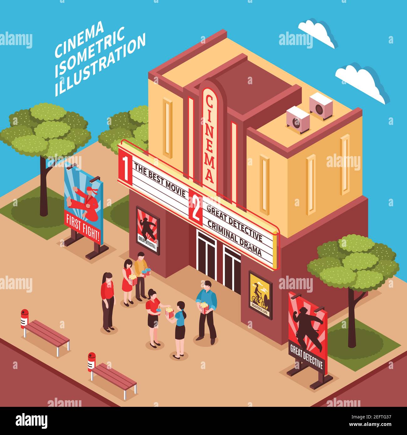 Cinema building isometric composition with posters signboards and ...