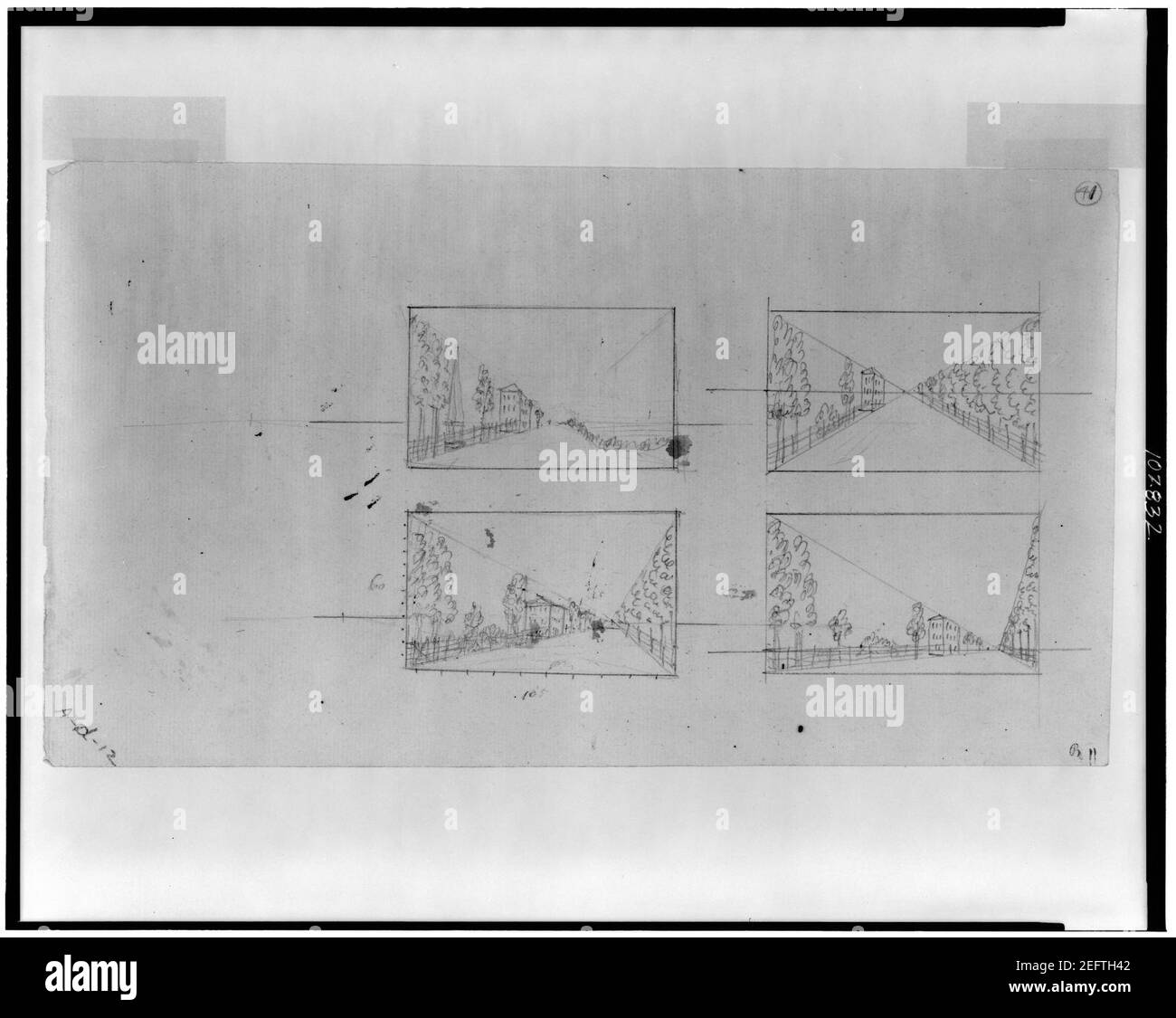 One-point perspective sketches of structure, road, and trees, with ...