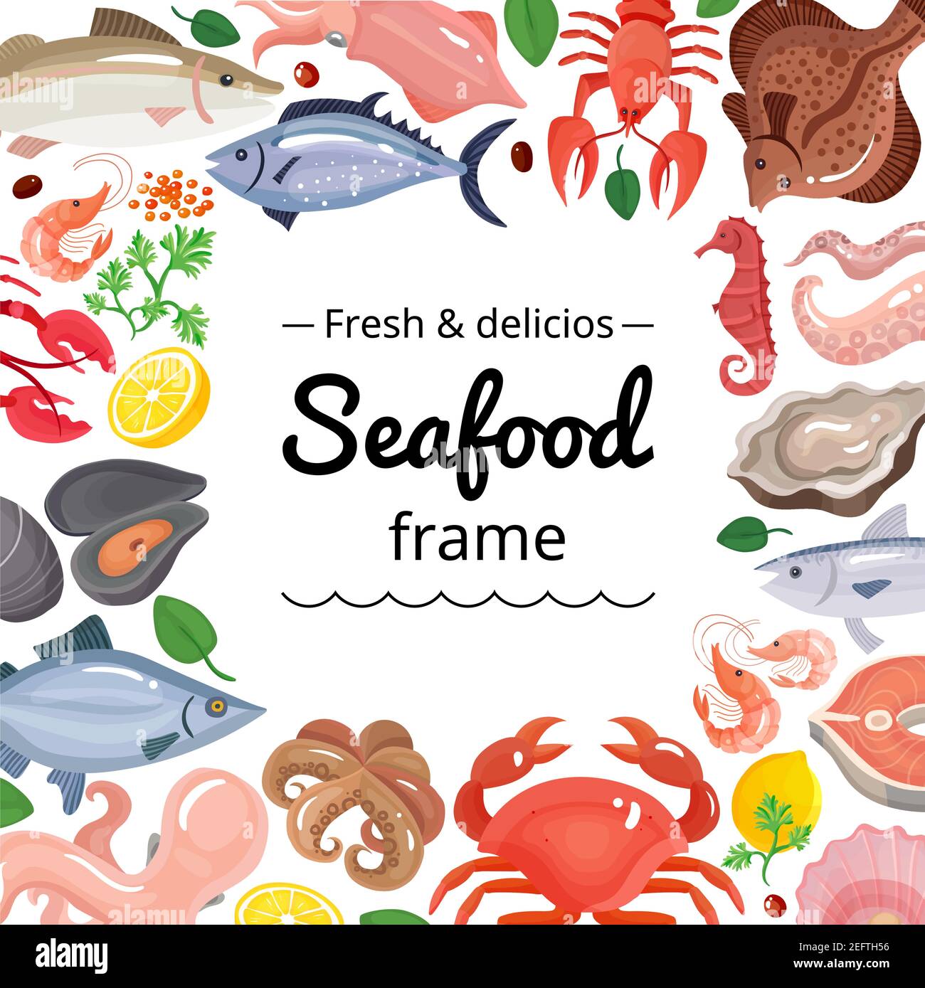 Seafood background frame with isolated images of marine food products ...