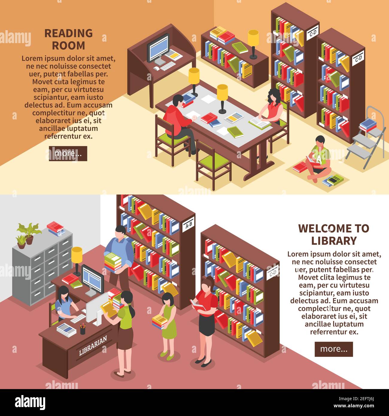 Library isometric horizontal banners with books reading room employee ...