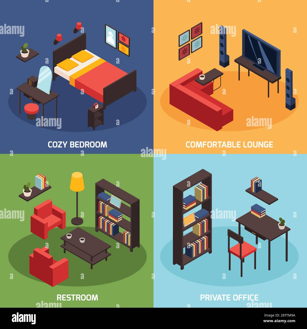 Living room concept icons set with comfortable lounge symbols isometric ...