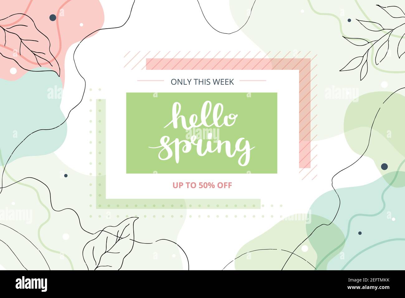 Hello Spring banner with lettering and abstract shapes. Cute hand drawn ...