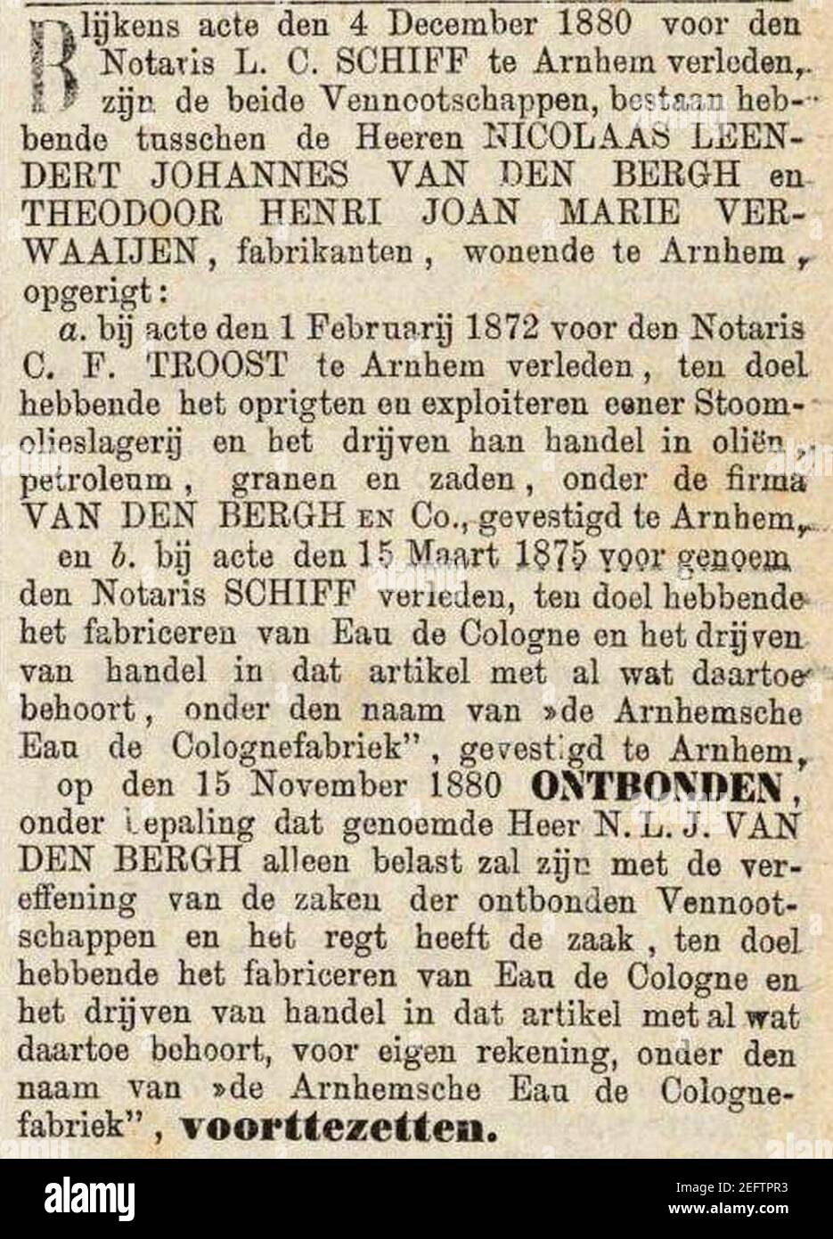 Ontbinding vennootschappen Van den Bergh & Verwaaijen in november 1880 ...
