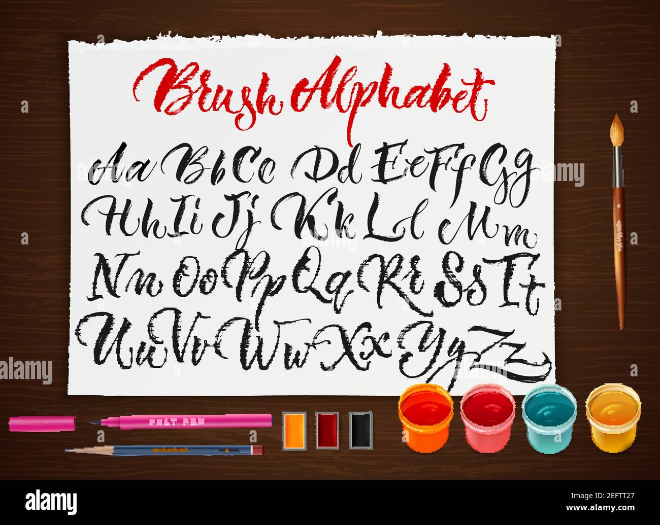 Colorful poster with paints brushes pencils and sheet of paper with ...