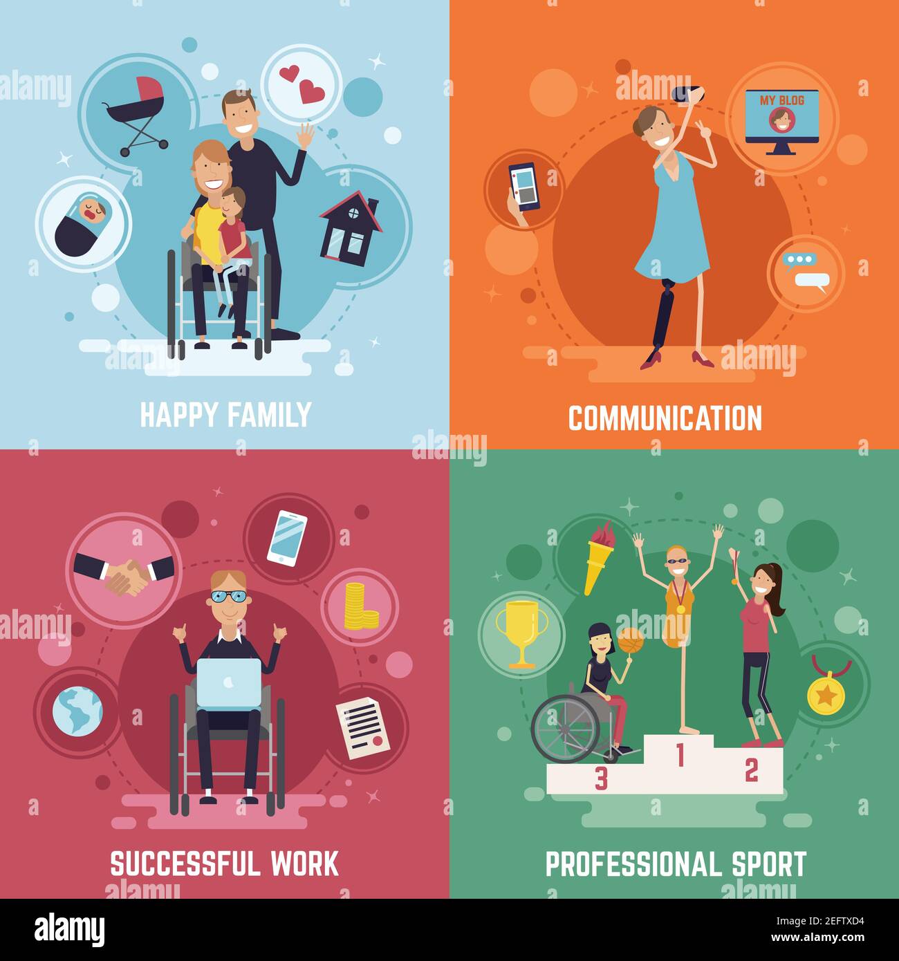 Disabled people concept icons set with communication symbols flat ...