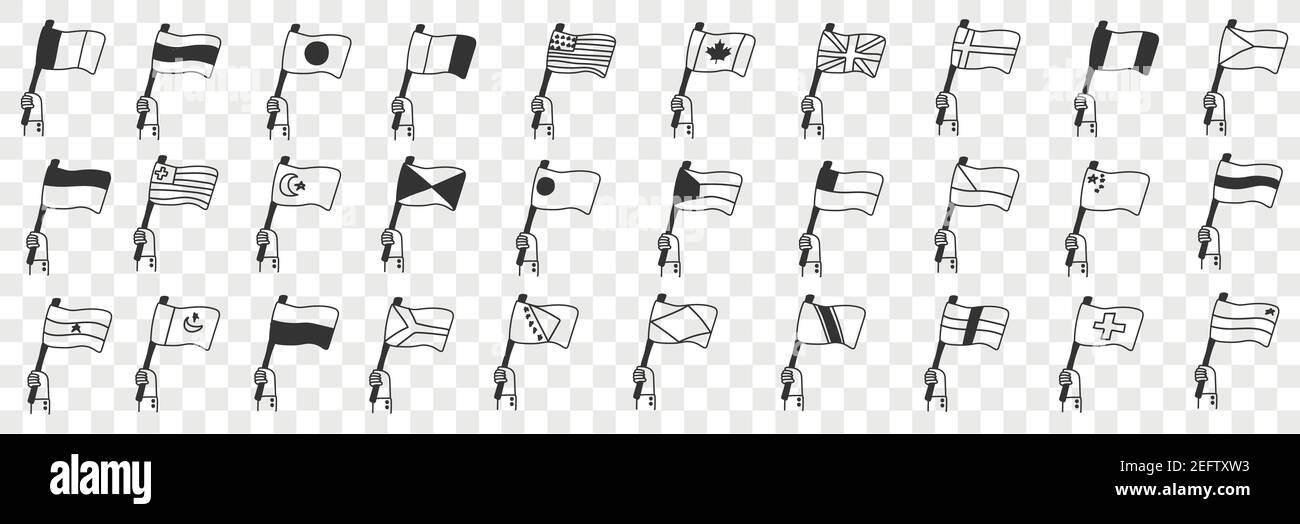 National Flags of countries doodle set. Collection of hand drawn flags ...