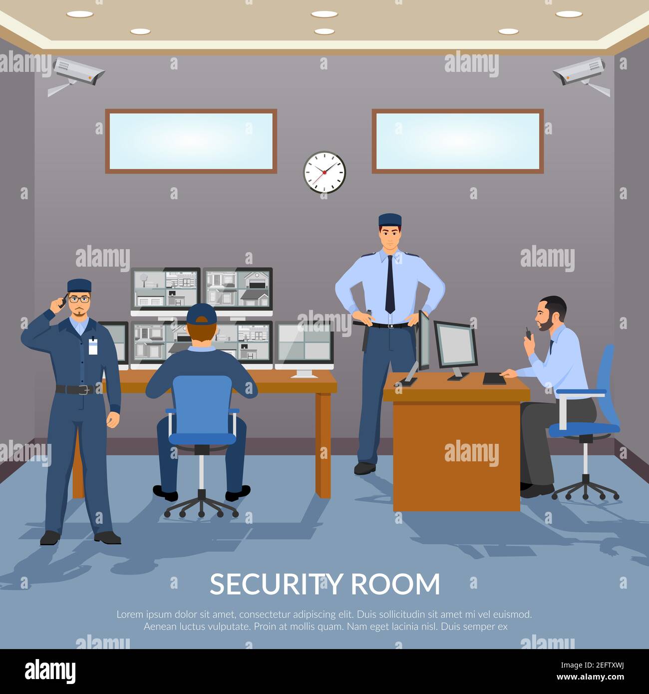Security room with officers screens clock and table flat vector ...