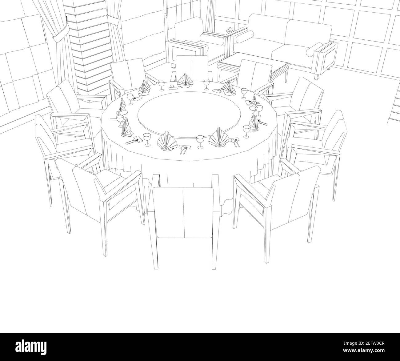 Restaurant interior outline with round table and chairs. Vector ...