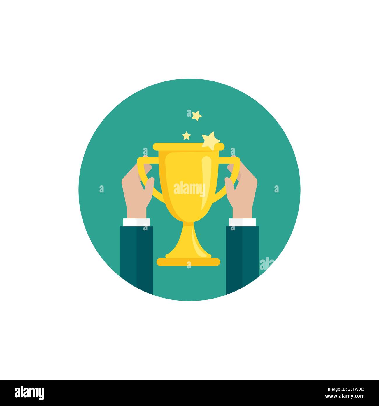 Hands with gold trophy, winning cup isolated on blue background. First ...