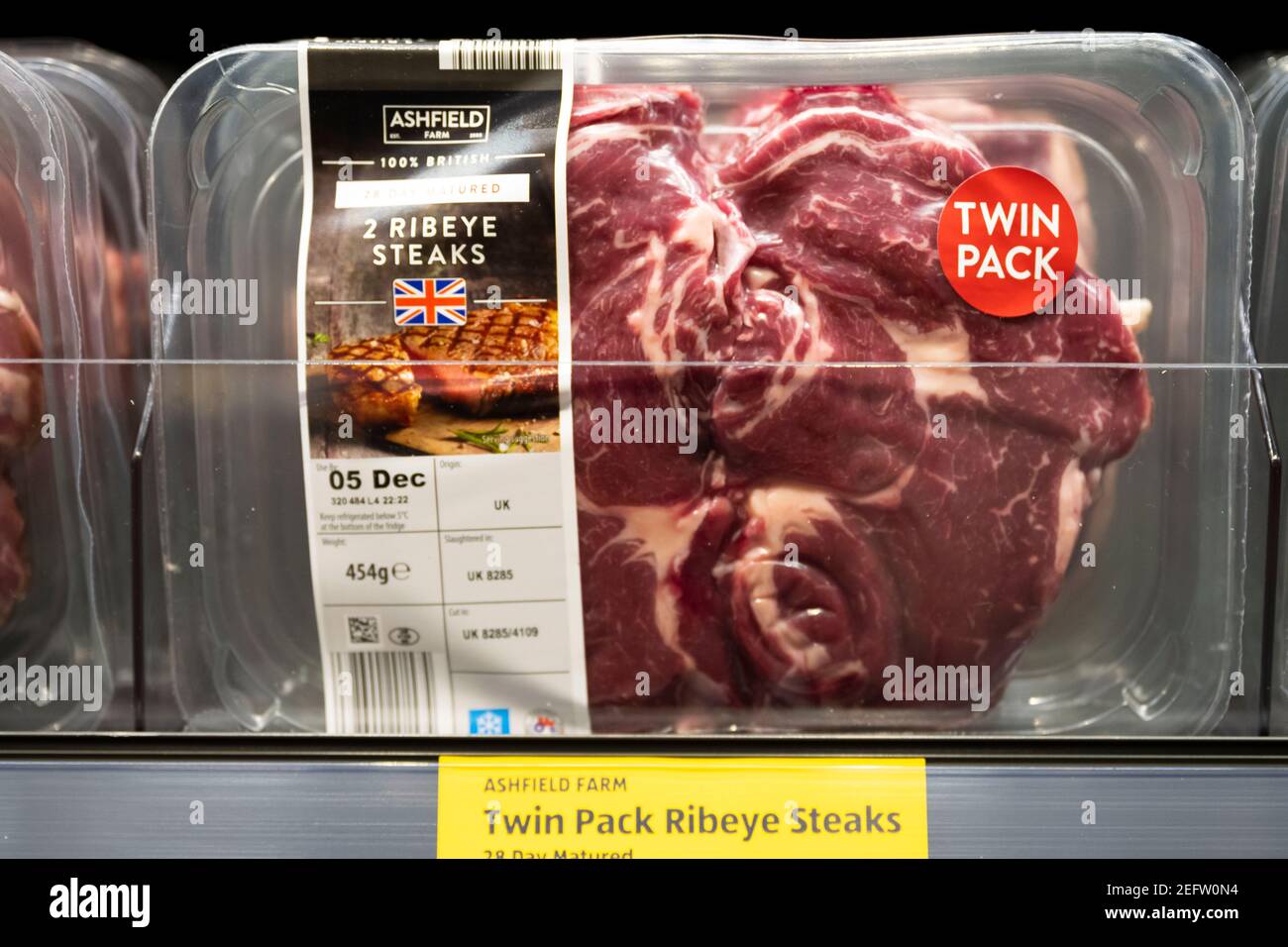 A packet of ribeye steak on sale in a UK supermarket Stock Photo - Alamy
