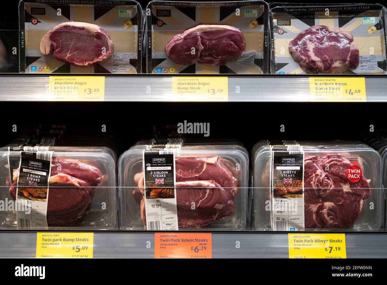 A packet of ribeye steak on sale in a UK supermarket Stock Photo - Alamy
