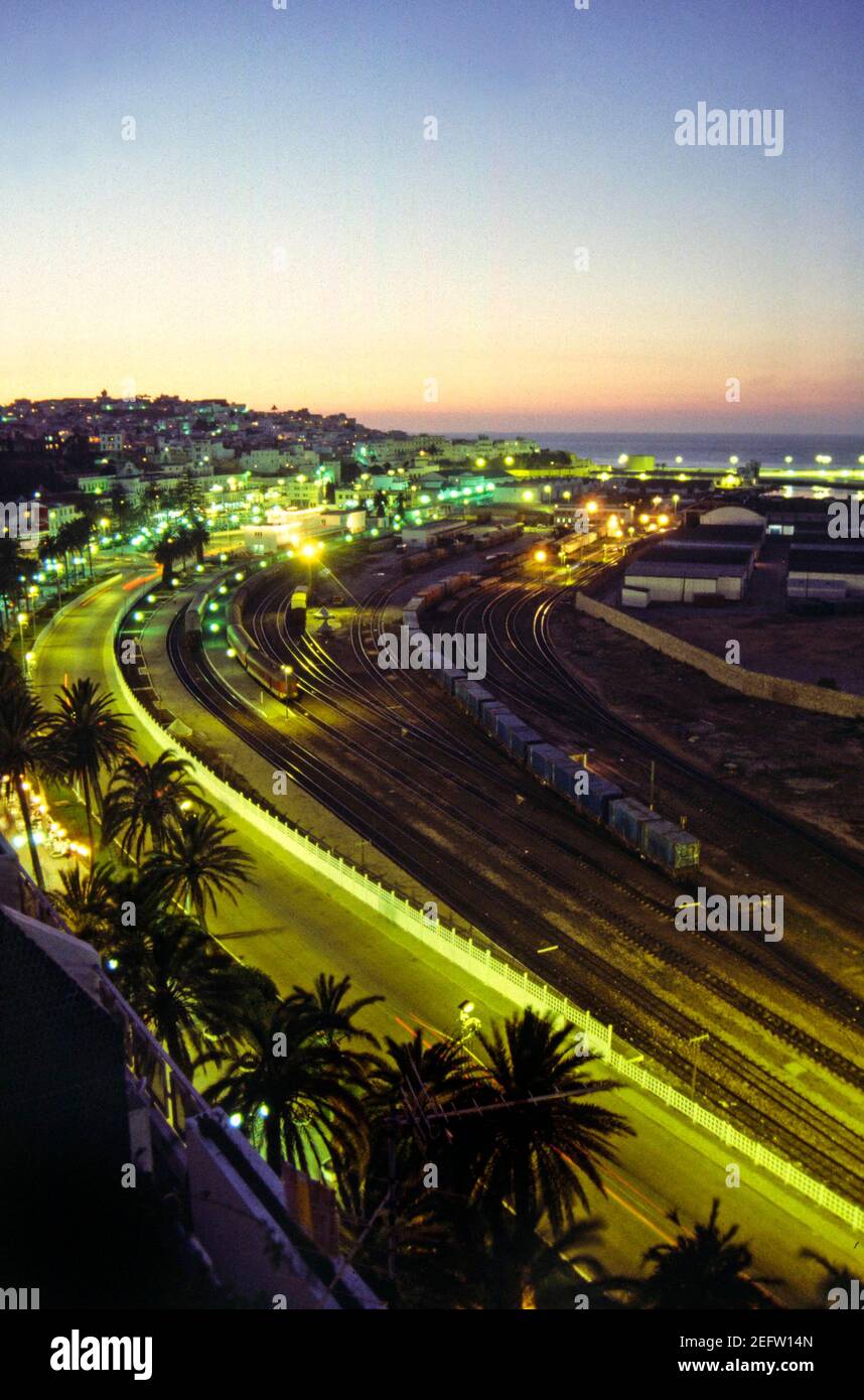 The old railway line and station at dusk, Tangier, Morocco, in 1987 ...