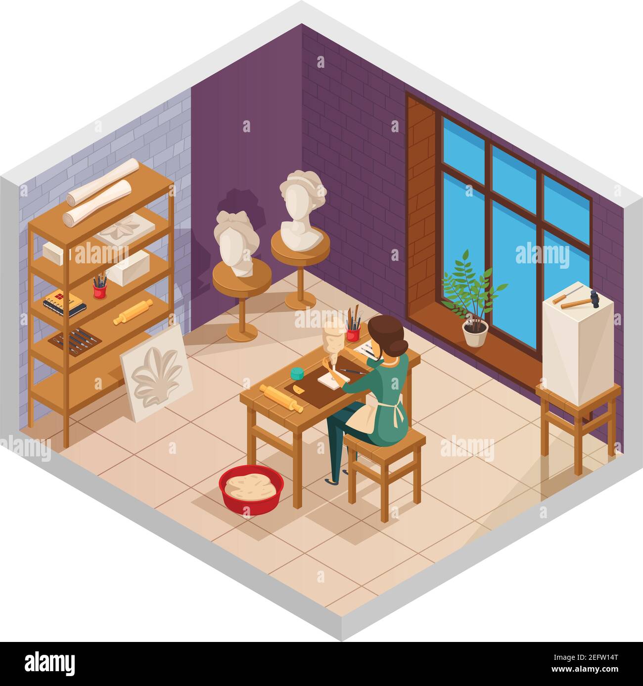 Art studio isometric interior with female sculptor at the table with ...