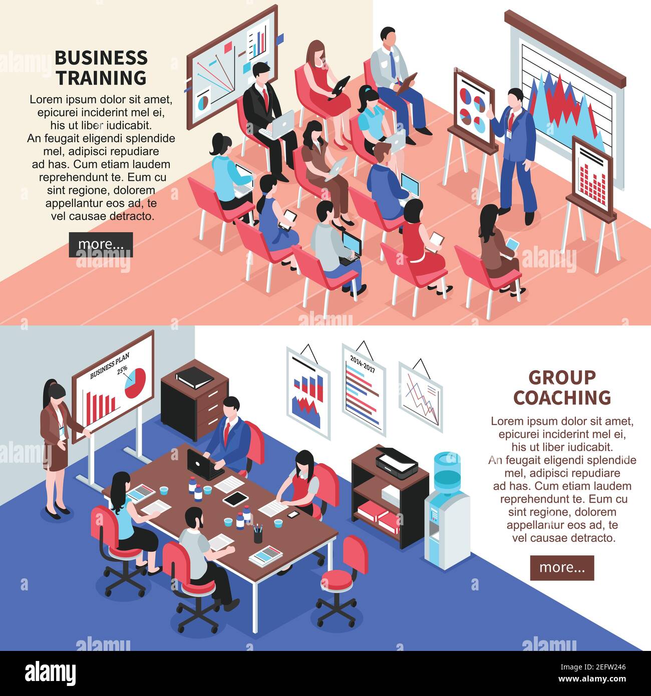 Business training and group coaching isometric horizontal banners with ...