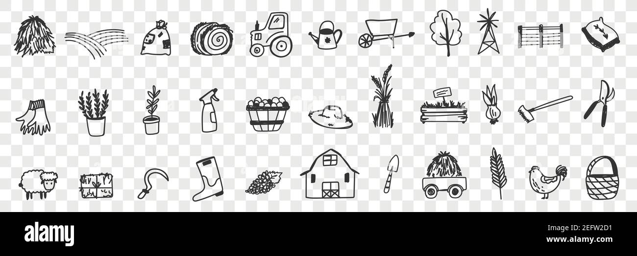 Farming tools and equipment doodle set. Collection of hand drawn ...