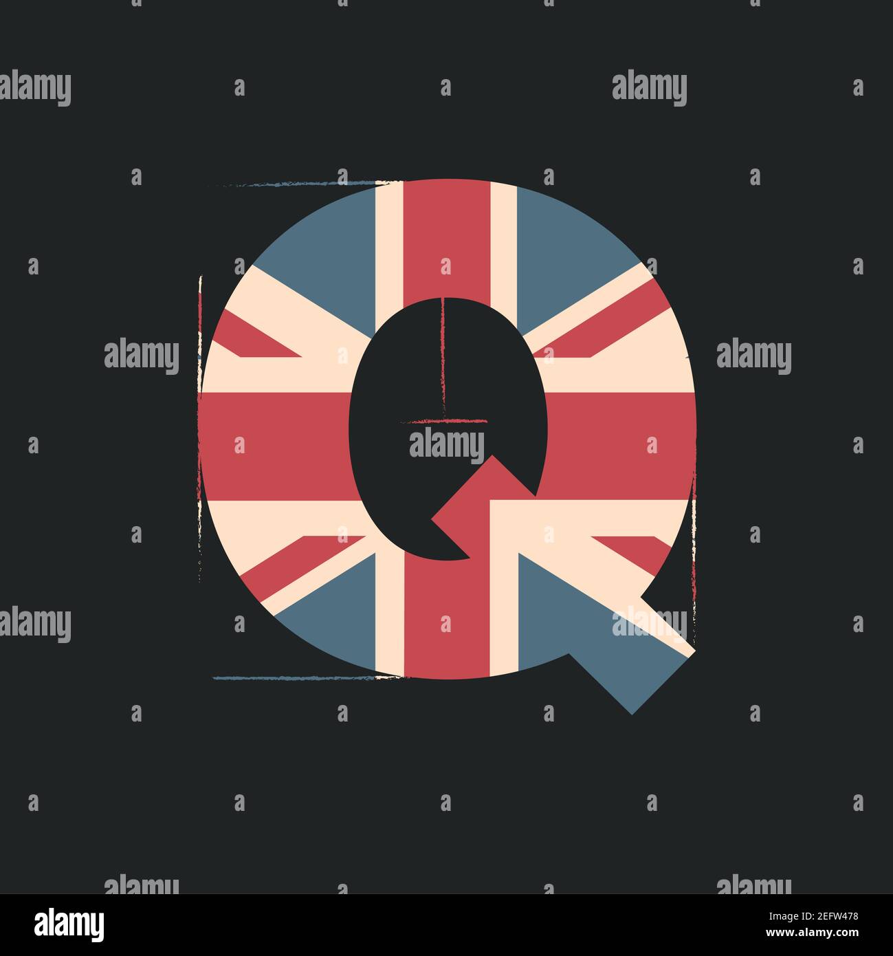 Capital 3d letter Q with UK flag texture isolated on black background ...