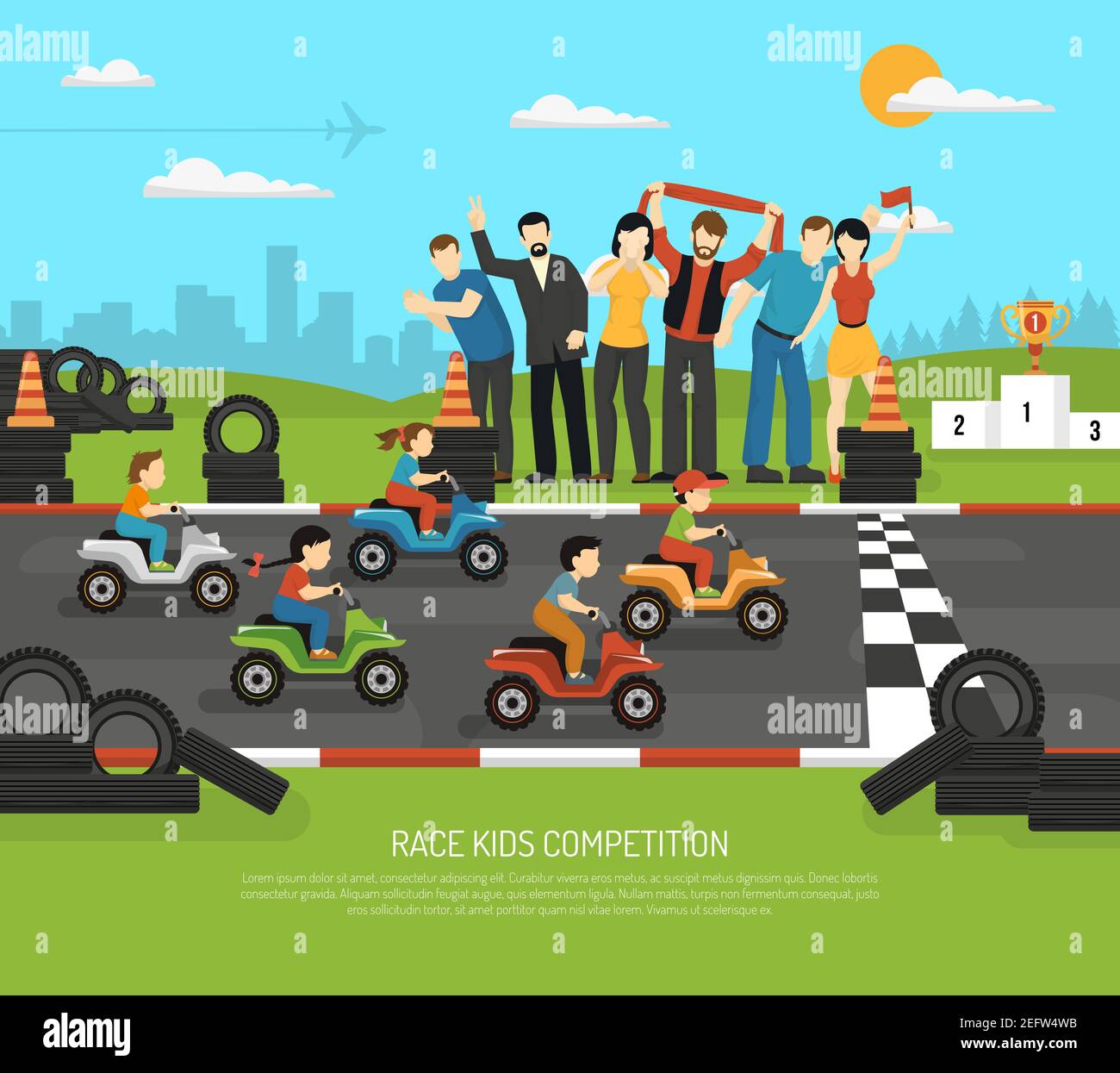 Race kids competition drive sport composition with flat children ...