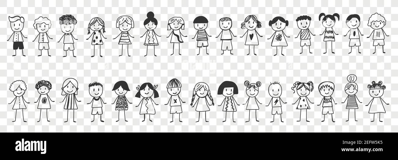 Happy boys and girls doodle set. Collection of hand drawn various ...
