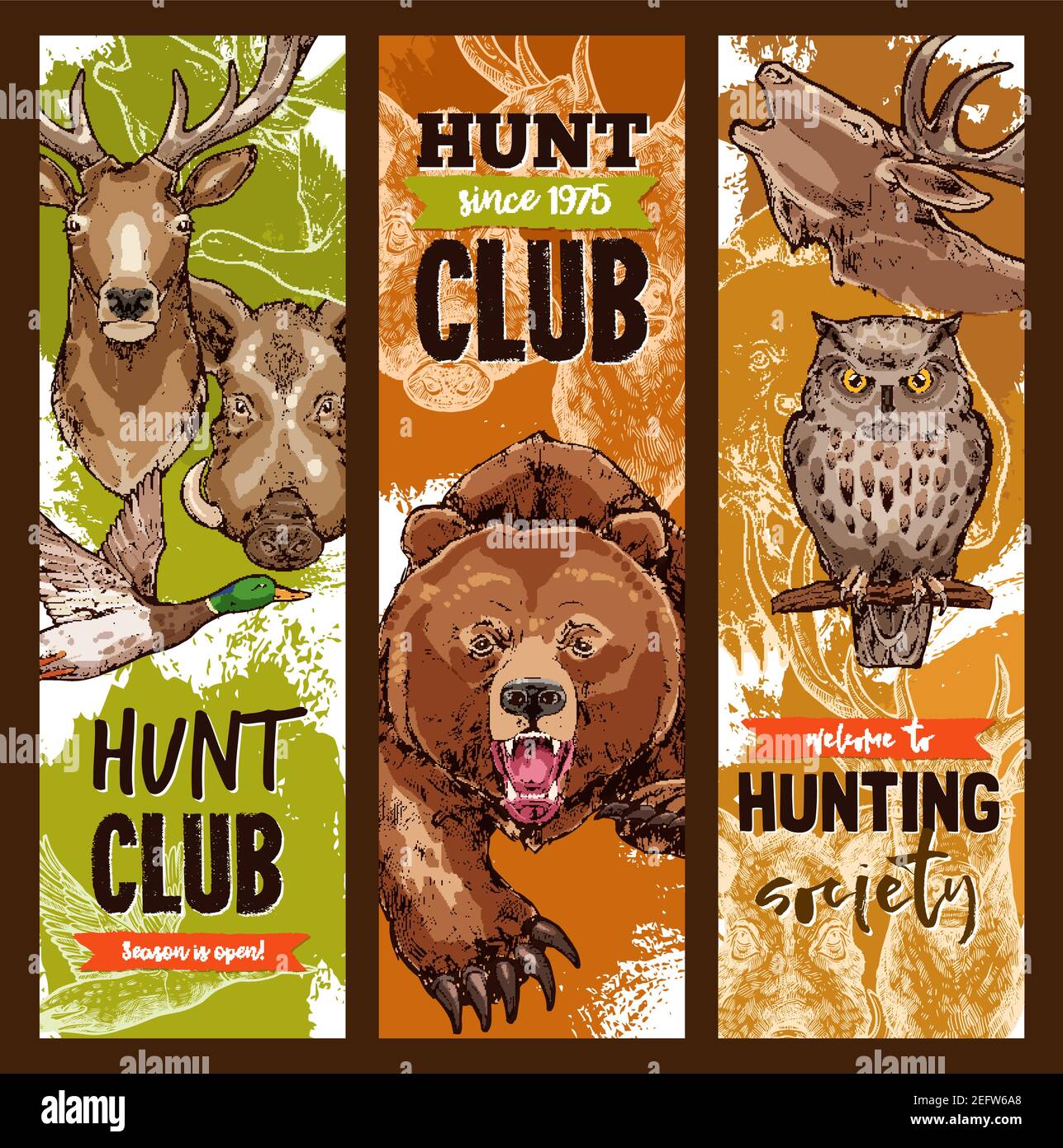 Hunt club or hunter open season sketch banners with wild animals ...