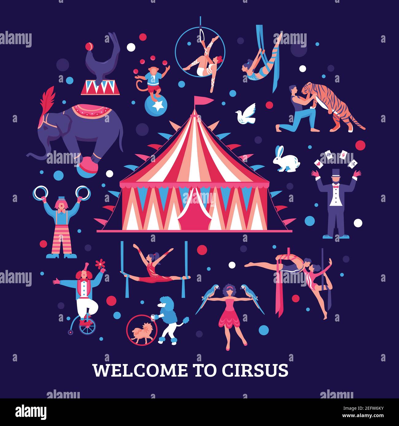 Circus performers flat vector Illustration with tent in center and ...
