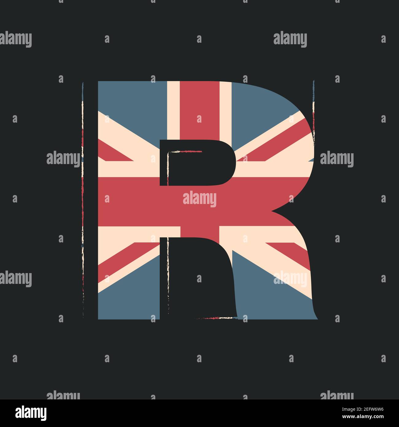 Capital 3d letter R with UK flag texture isolated on black background ...