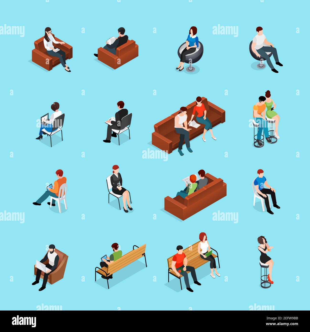 Sitting people isometric set of human characters and seat furniture ...