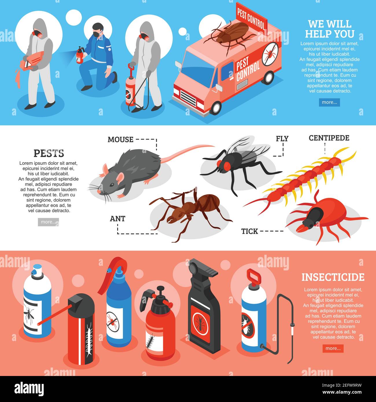 Isometric 3d set of horizontal banners with pest control service ...