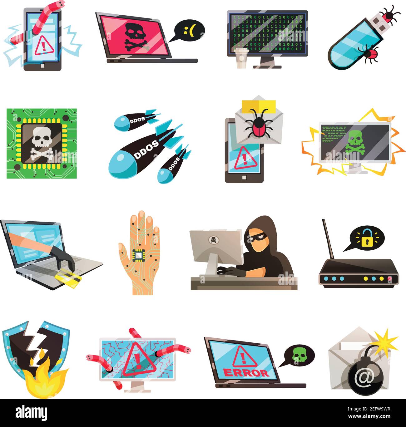 Hacker set of isolated conceptual images of computer viruses wire fraud ...