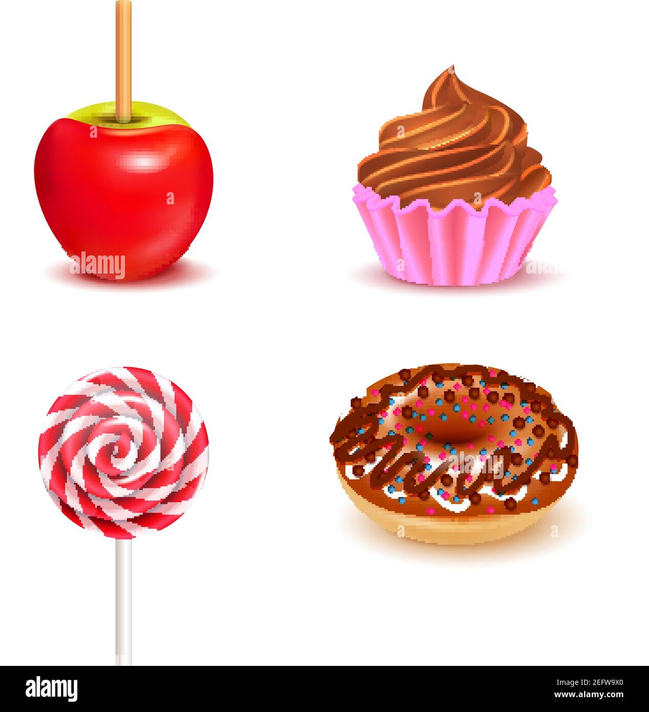 Fair sweets realistic set with toffee apple and lollipop donut cupcake ...