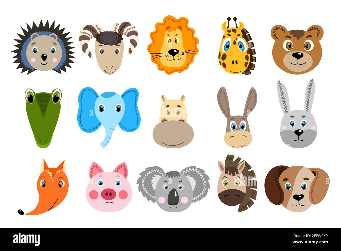 Set with colorful cute animal face. Hare, crocodile, koala ...