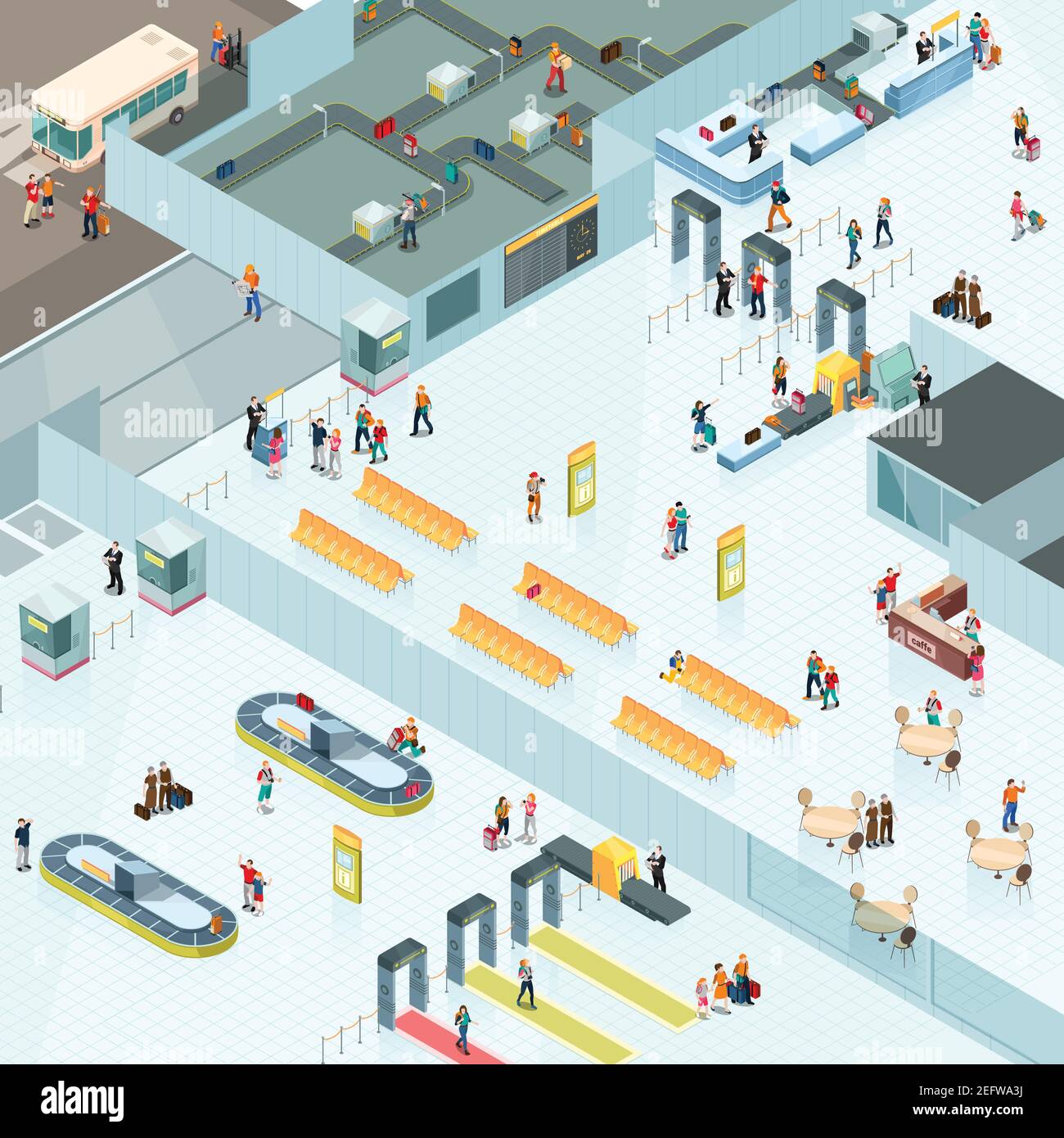 Airport isometric design with departure and arrival zones including ...