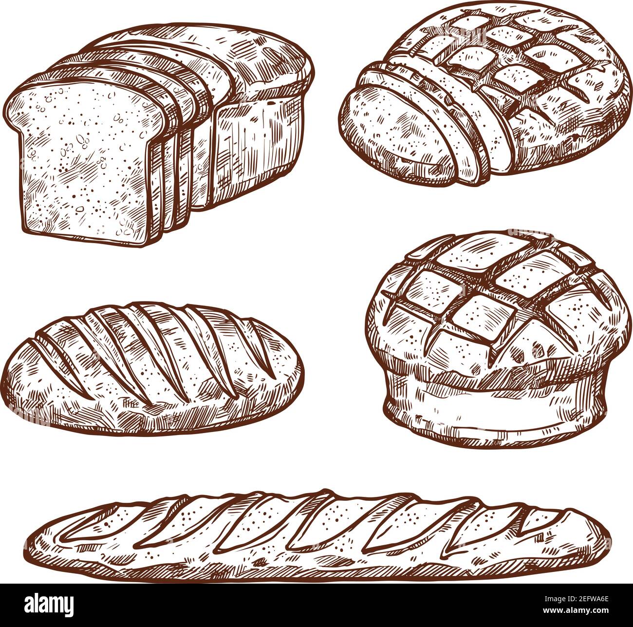 Bread sketch icons for bakery shop. Vector isolated set of wheat bagel ...