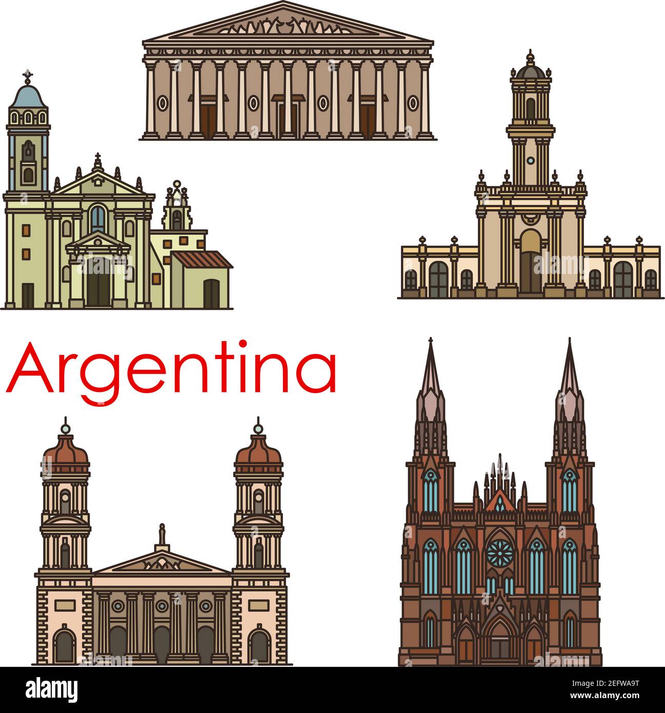 Argentina architecture landmarks and sightseeing building line icons ...