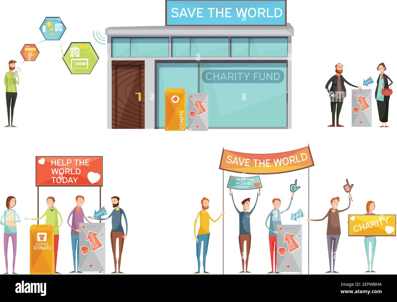 Charity design concept with place for donation and activists with ...