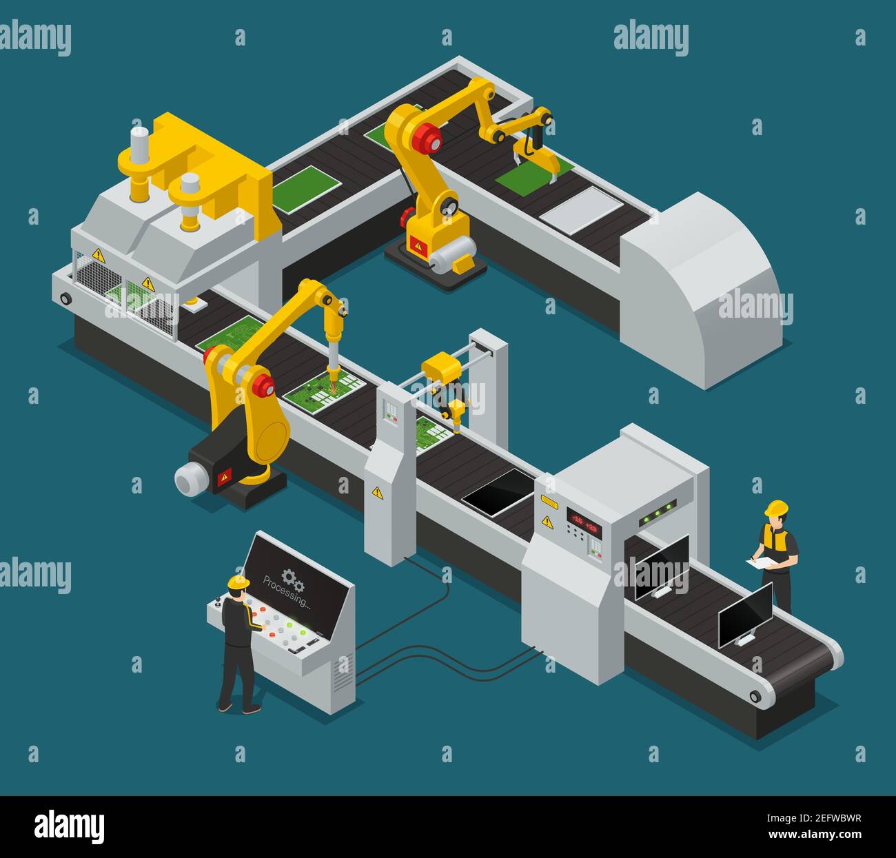 Colored electronics factory equipment staff isometric composition with ...