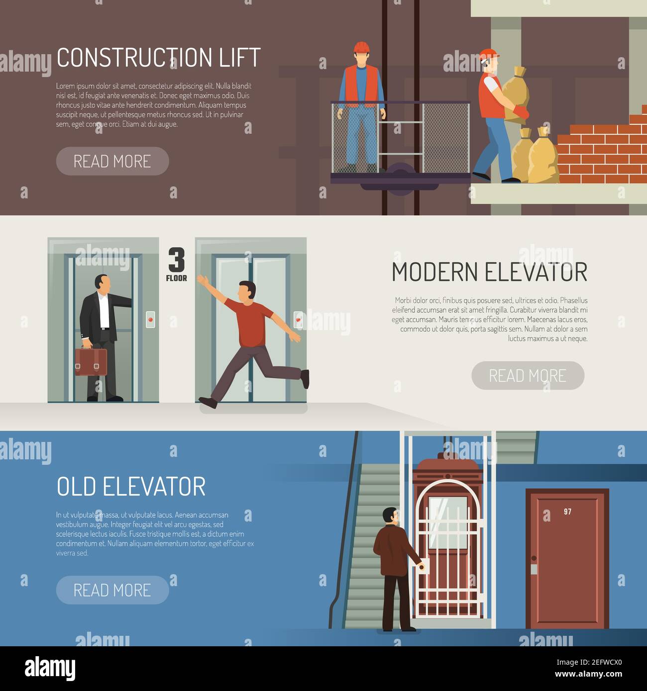 Elevator escalator stairs banners set with modern vintage and ...