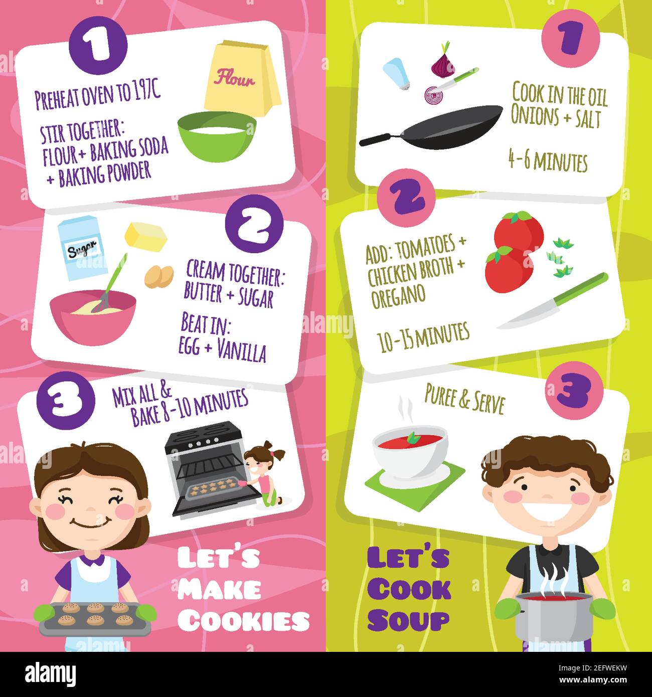 Kids cooking vertical banners set with flat cartoon style teenager ...