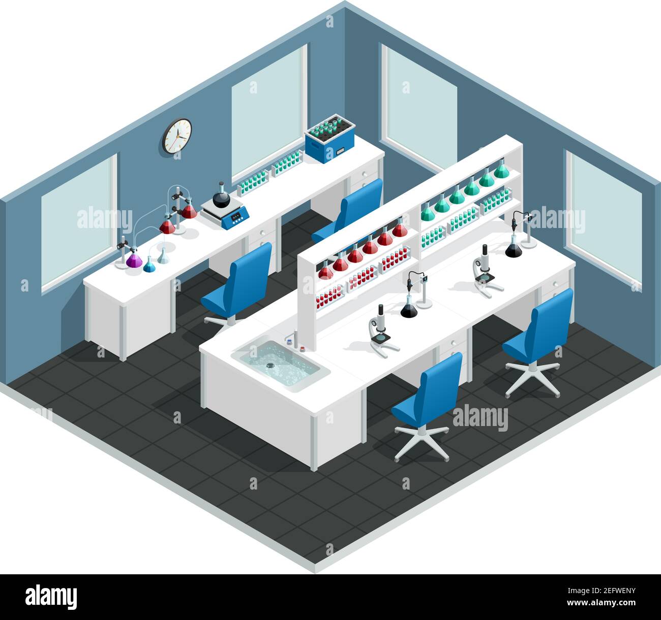 Scientific laboratory interior isometric concept with desk to conduct ...
