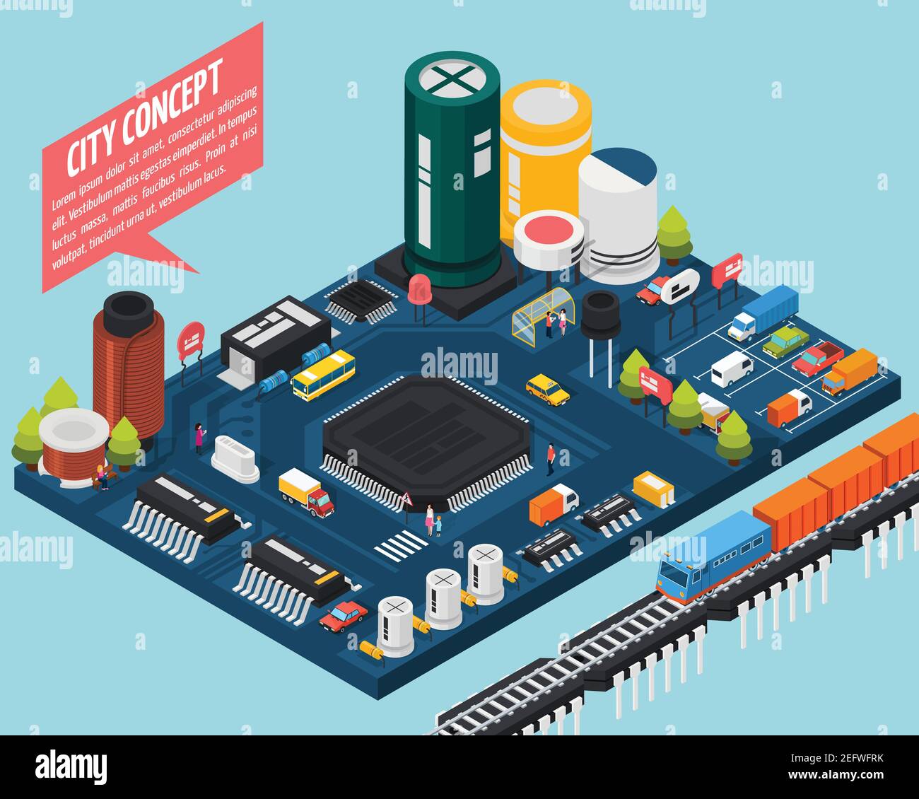 Colored technology semiconductor electronic components isometric city ...