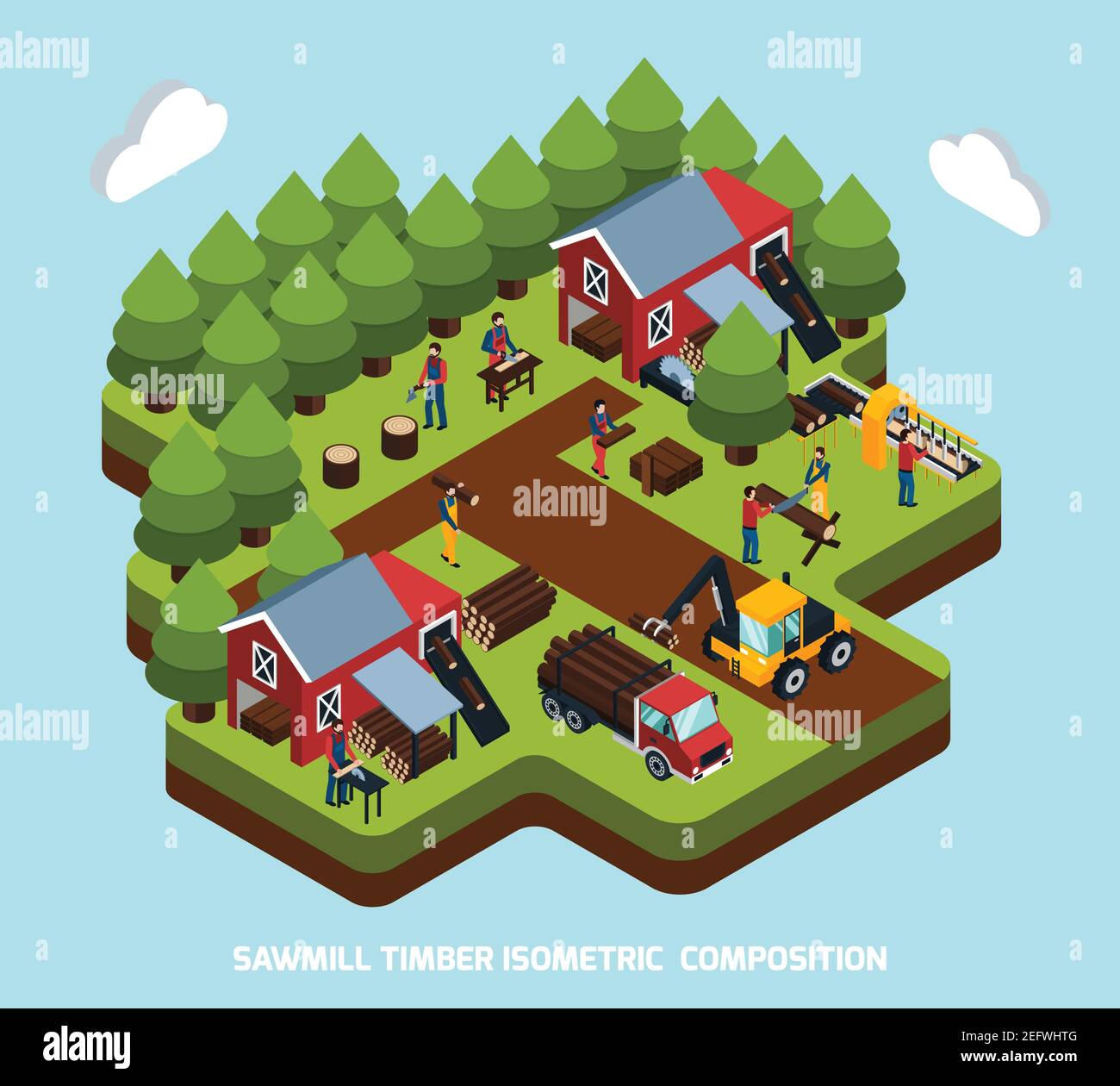 Timber production isometric composition with special equipment and ...