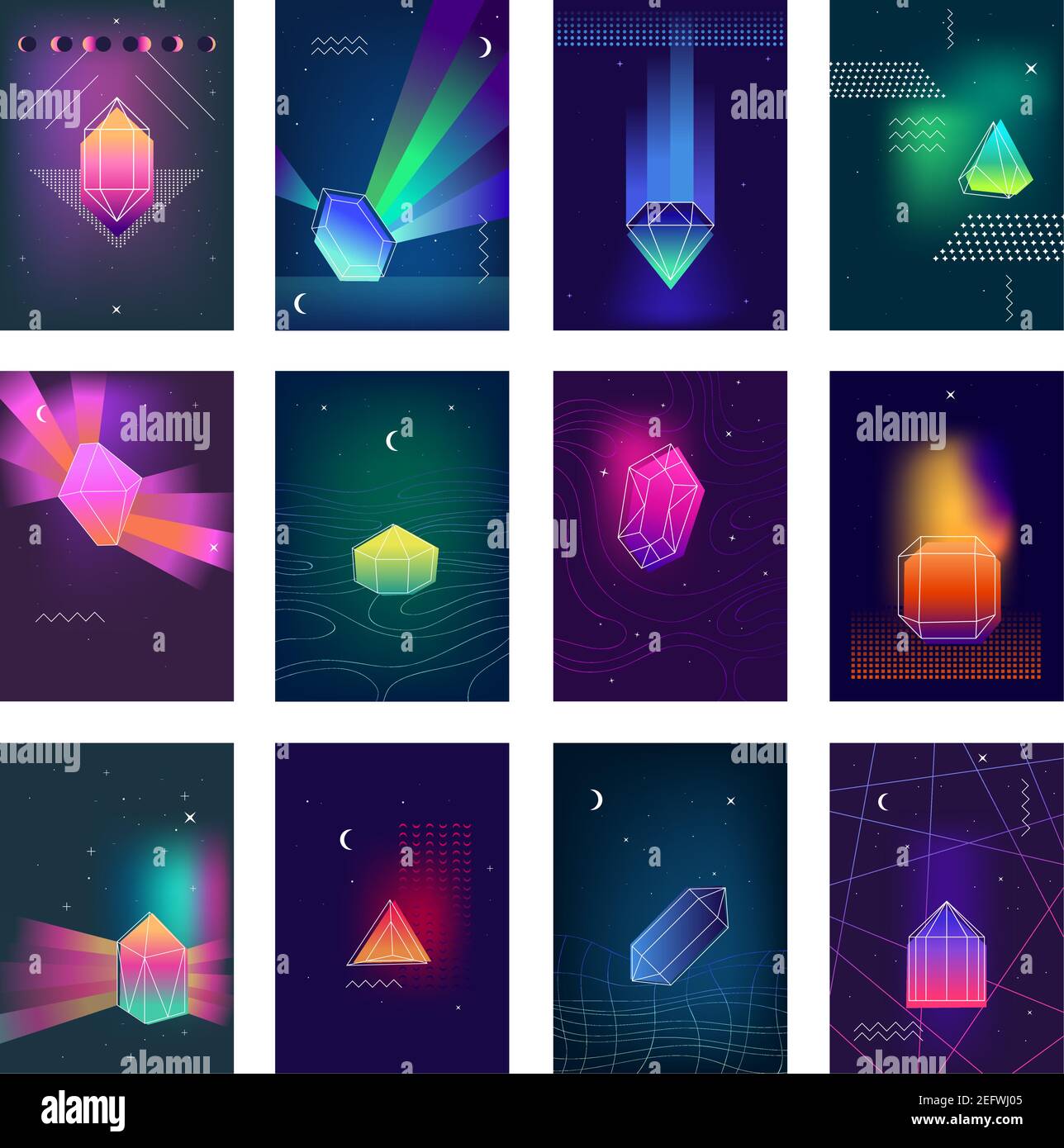 Geometric diamond prism shaped polygonal crystals bright glowing in the ...