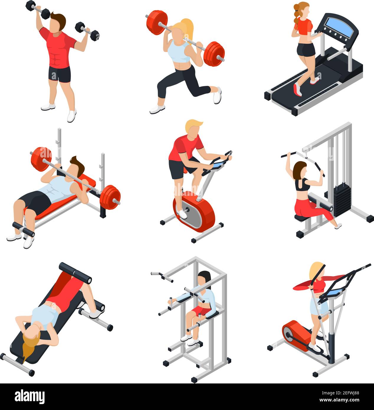 Gym and people isometric set with fitness symbols isolated vector ...