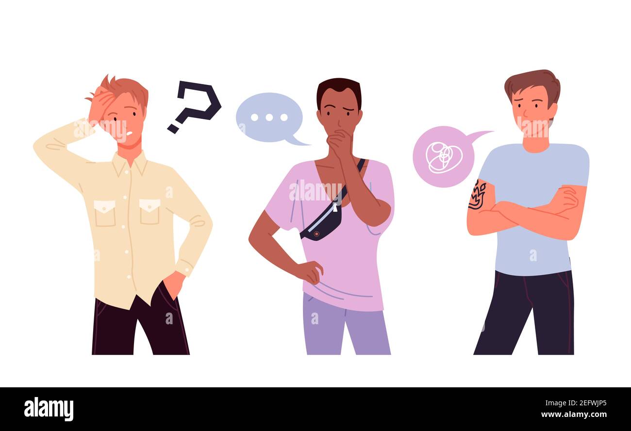 People think set, confused young guy characters standing and thinking ...