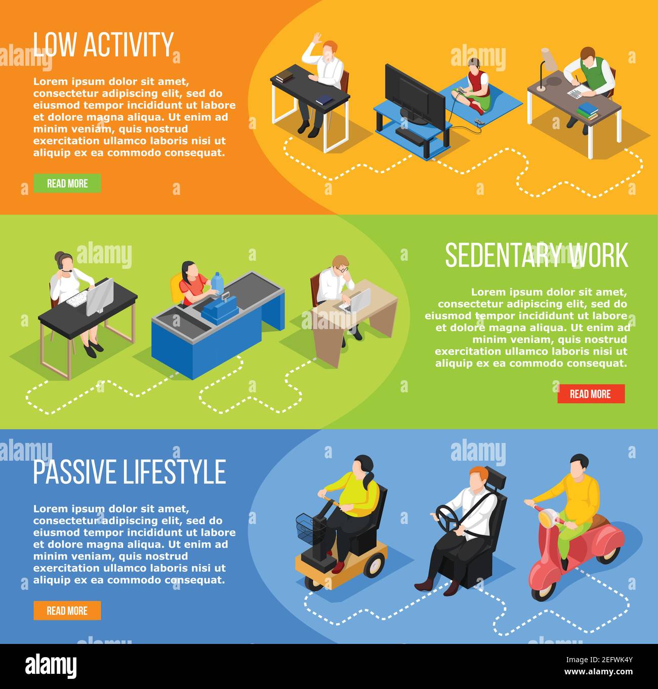 Set of three sedentary lifestyle isometric banners with images of ...