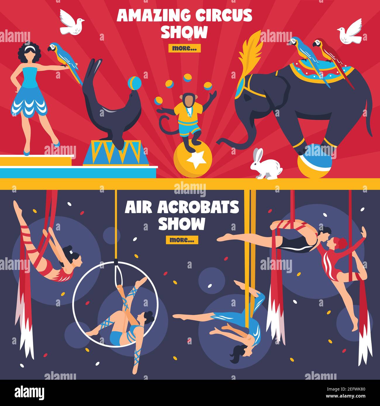 Circus performers horizontal banners set with flat dancing animals ...