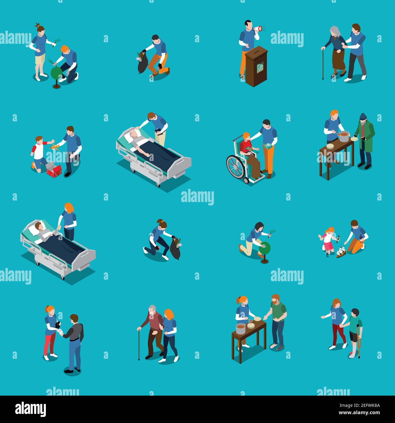 Isolated volunteer charity isometric people icon set and employees help ...