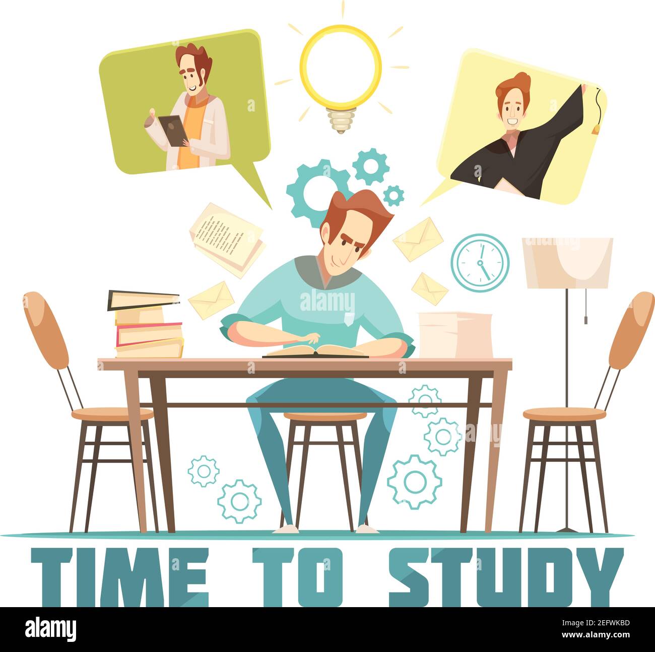 Student sitting at table, reading and thinking above book cartoon ...