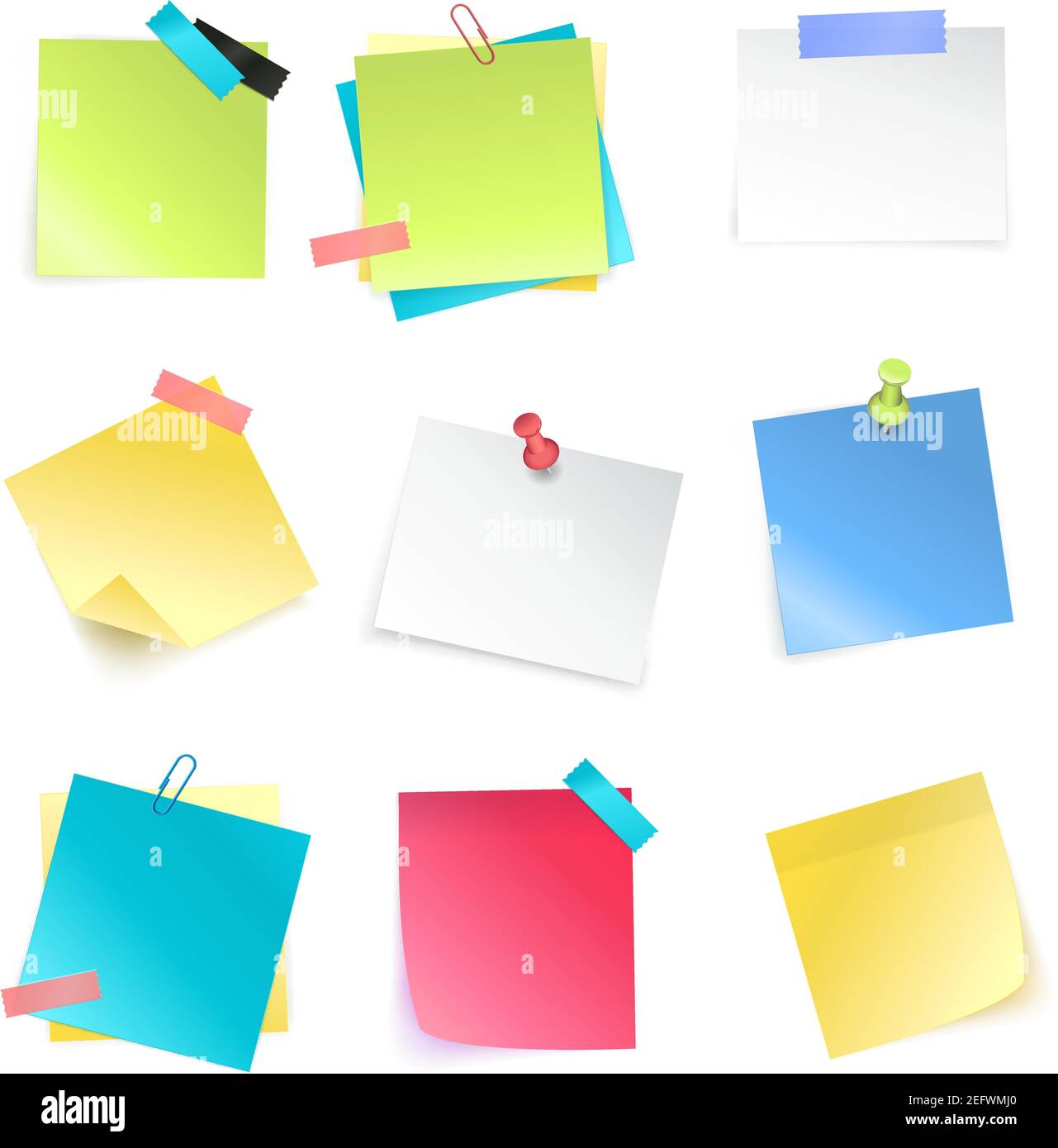 Realistic set of colorful blank sticky notes with pushpins and ...